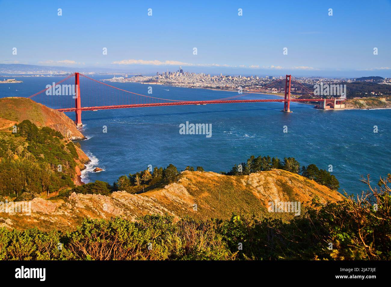 Breathtaking wide view of Golden Gate Bridge from mountains with San ...