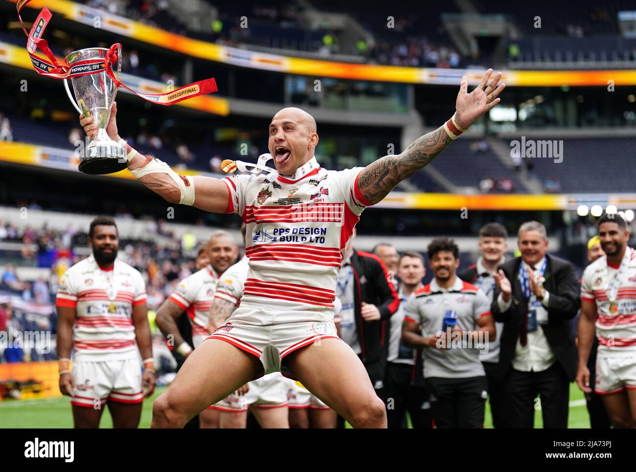 Leigh Centurions' Blake Ferguson lifts the trophy following the AB ...
