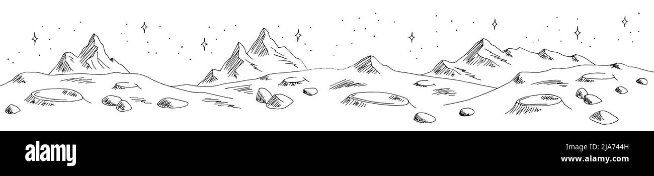 Alien planet graphic black white space long landscape sketch ...