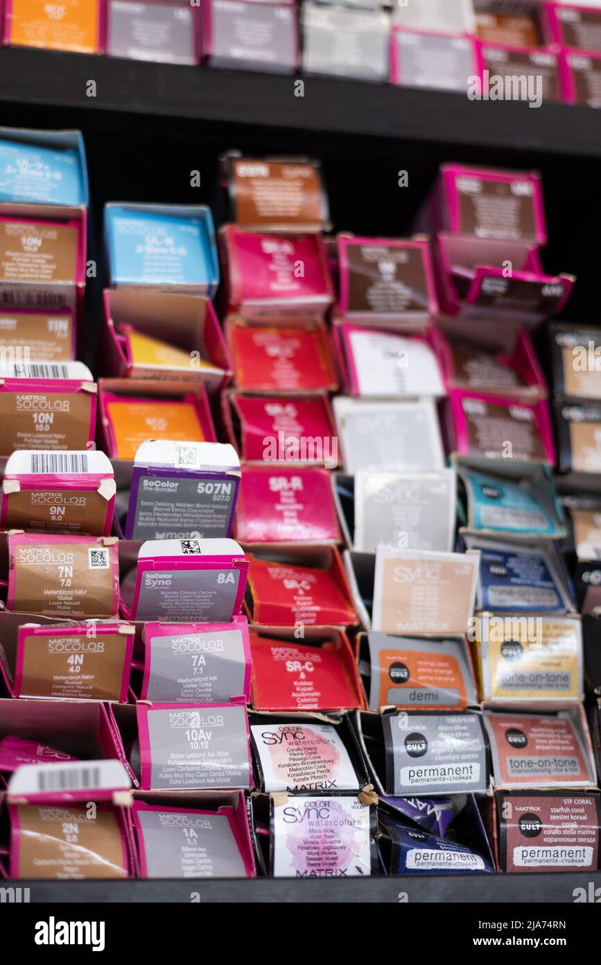 Hair dye colour boxes with number. Selective focus Stock Photo - Alamy