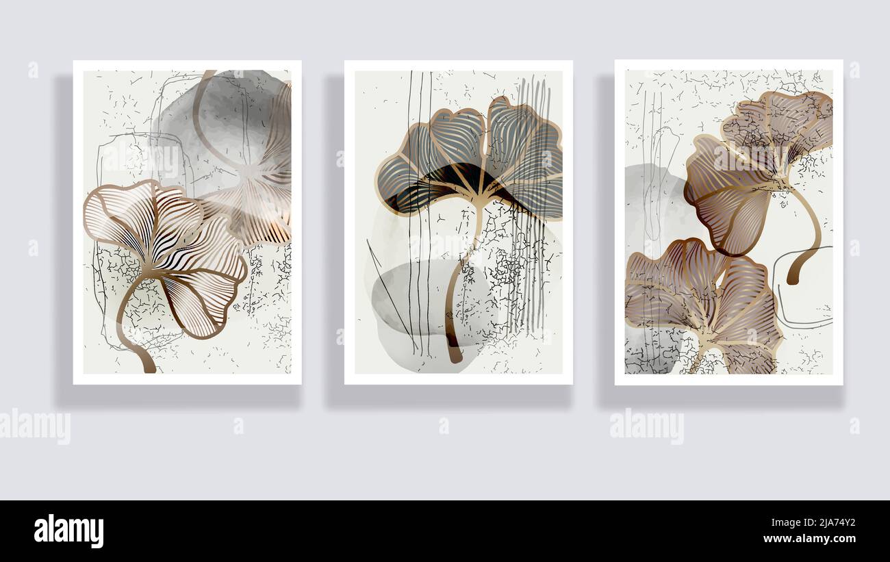 Trendy set of ginkgo biloba leaves and abstract forms. Minimal ...