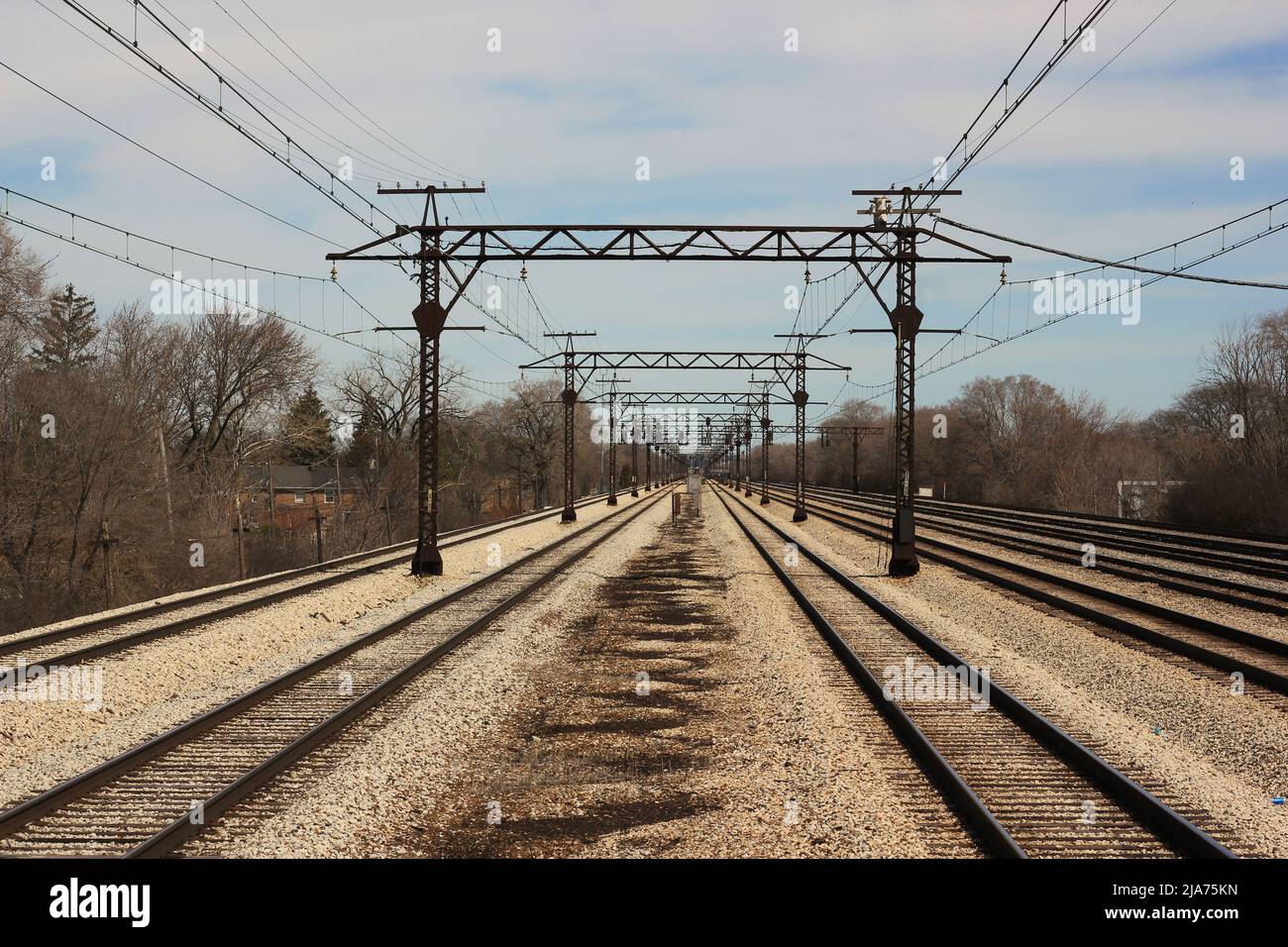 Typical common railroad tracks crossing the plains on a bright sunny ...
