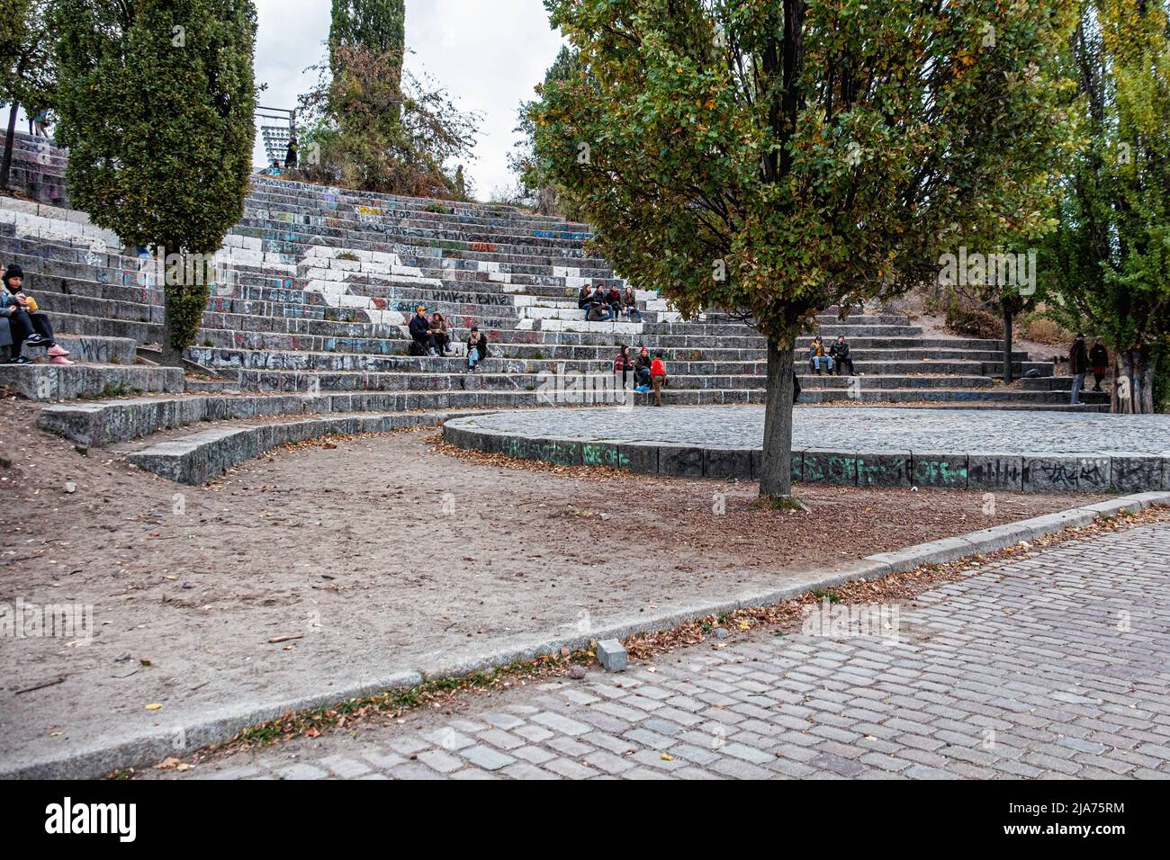 Few people sit at the karaoke stage in Mauerpark, Prenzlauer Berg ...