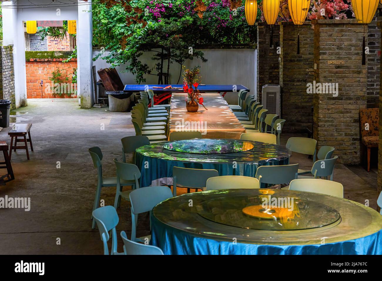 Dining seats and corridor environment of a farmhouse Stock Photo - Alamy
