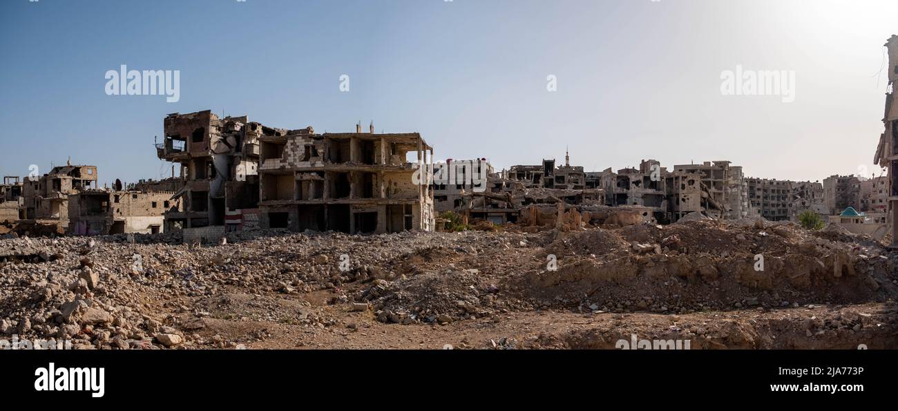 Darayya, Syria - April, 2022: Cityscape panorama of building ruins in ...