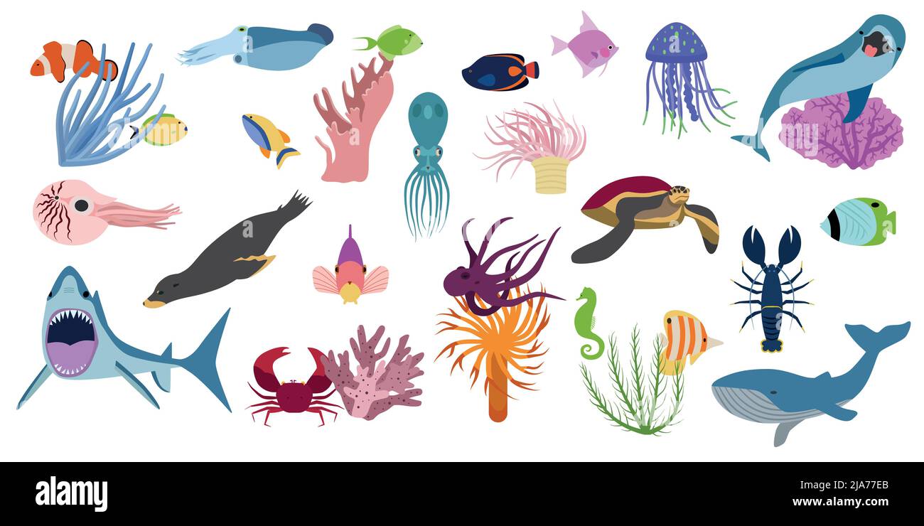 Underwater set with isolated flat cartoon style images of deep-sea ...