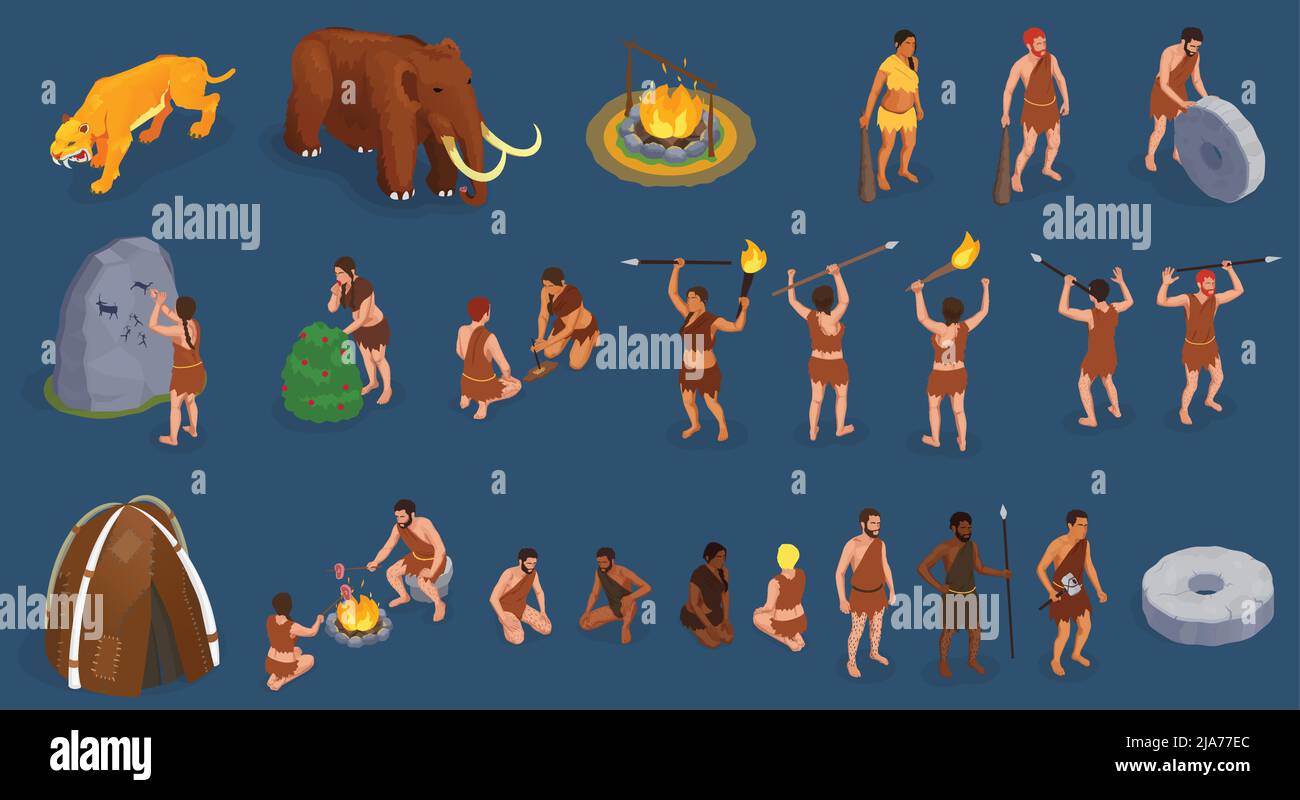 Caveman prehistoric primitive people set of isolated human characters ...