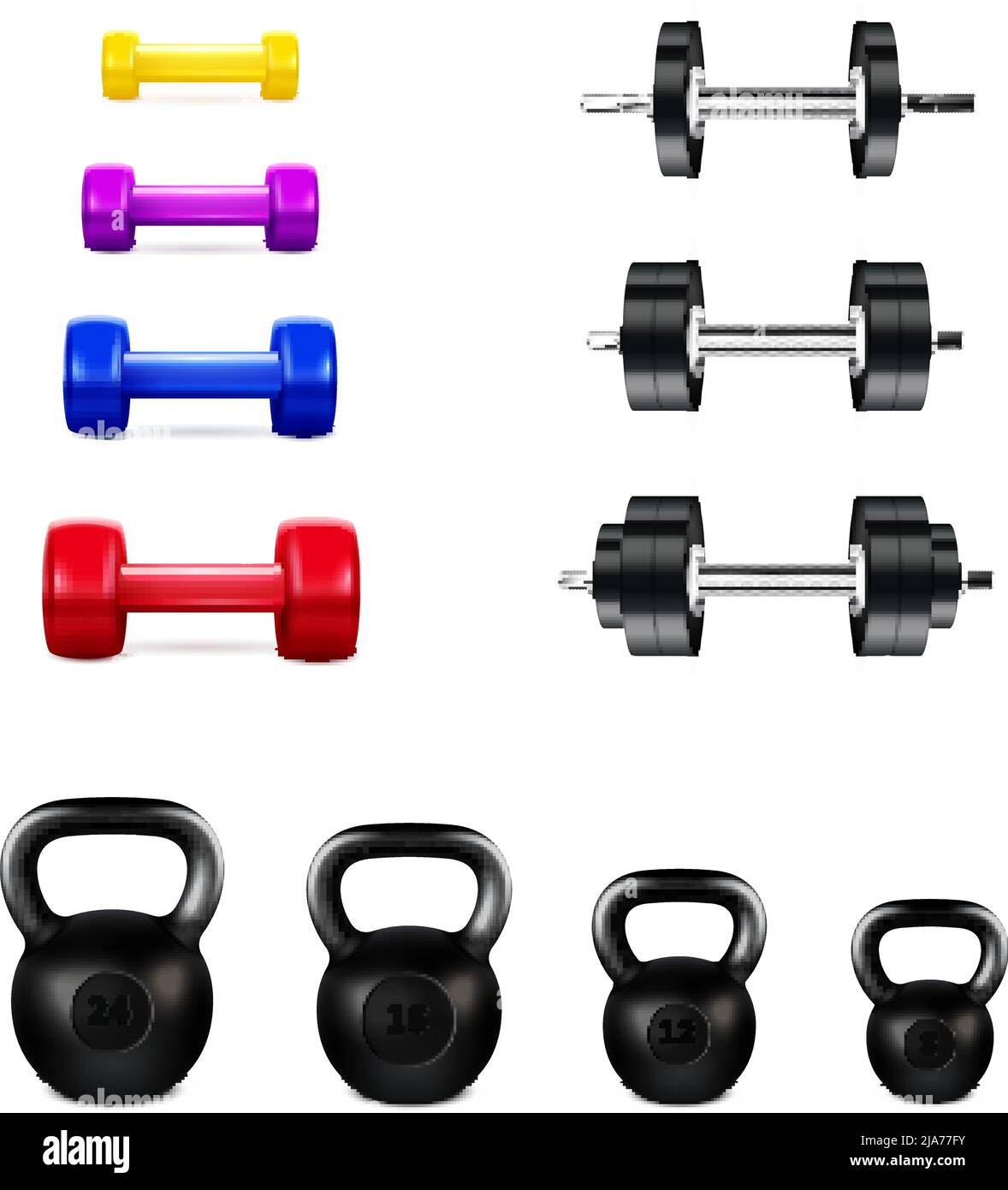 Realistic set of different gym equipment including colorful dumbbells metal kettlebells and ...