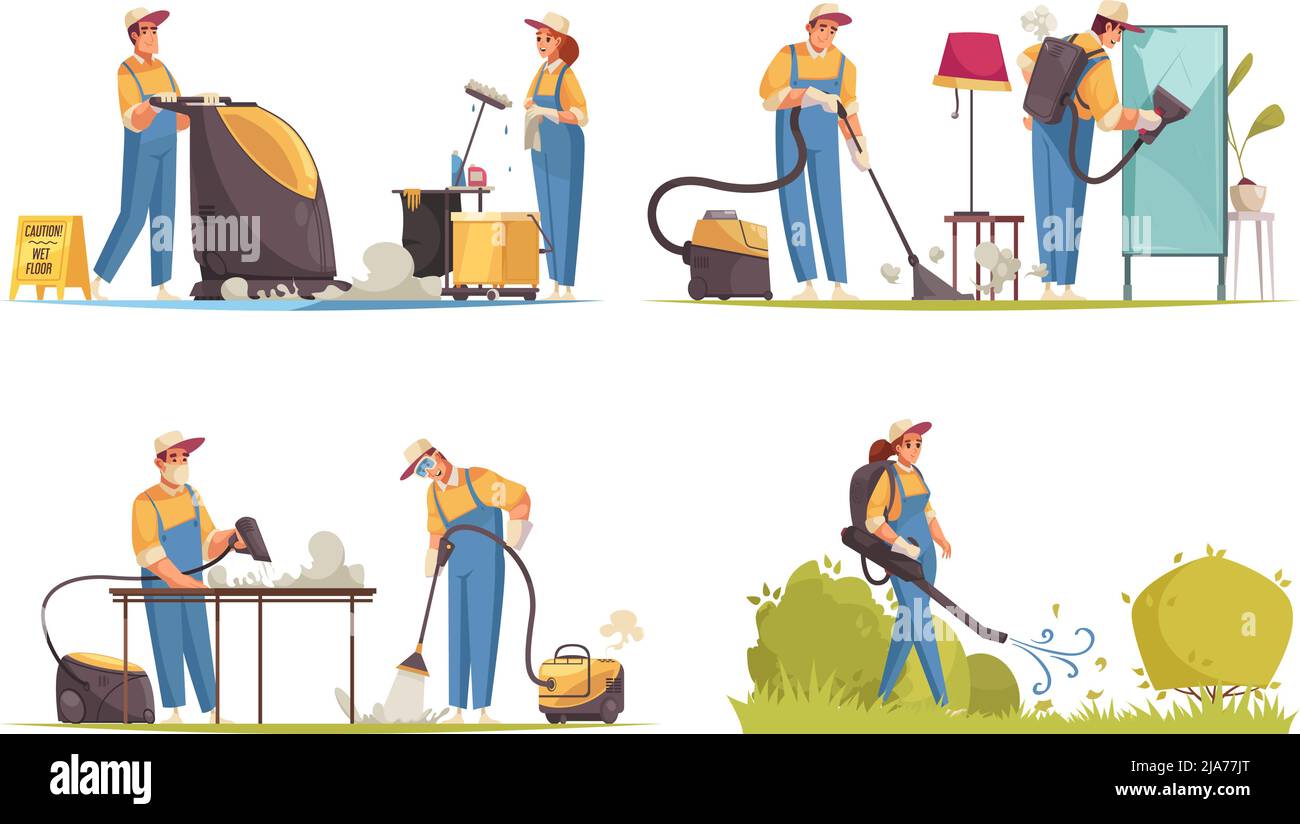 Set with four isolated compositions of cleaners doodle human characters ...