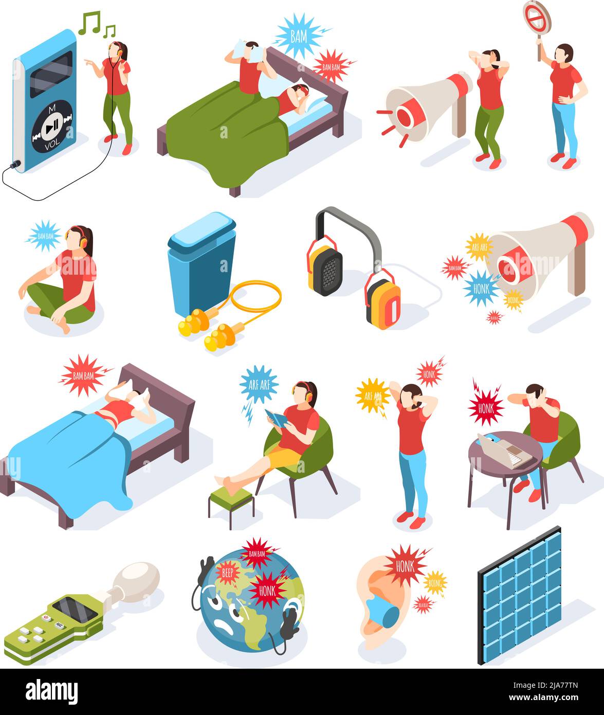 Noise pollution isometric icons set with night stress symbols isolated vector illustration Stock ...
