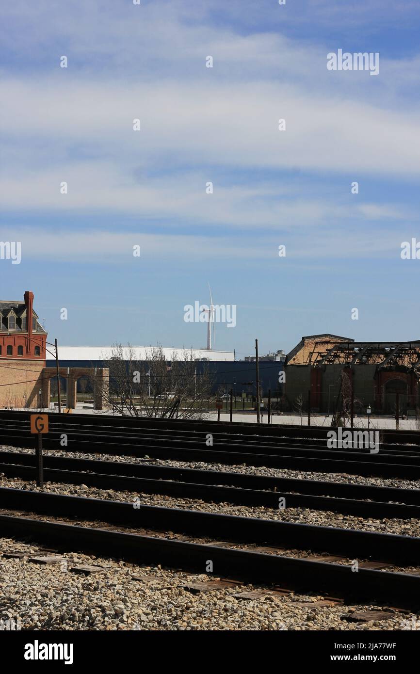 Typical common railroad tracks crossing the plains on a bright sunny ...