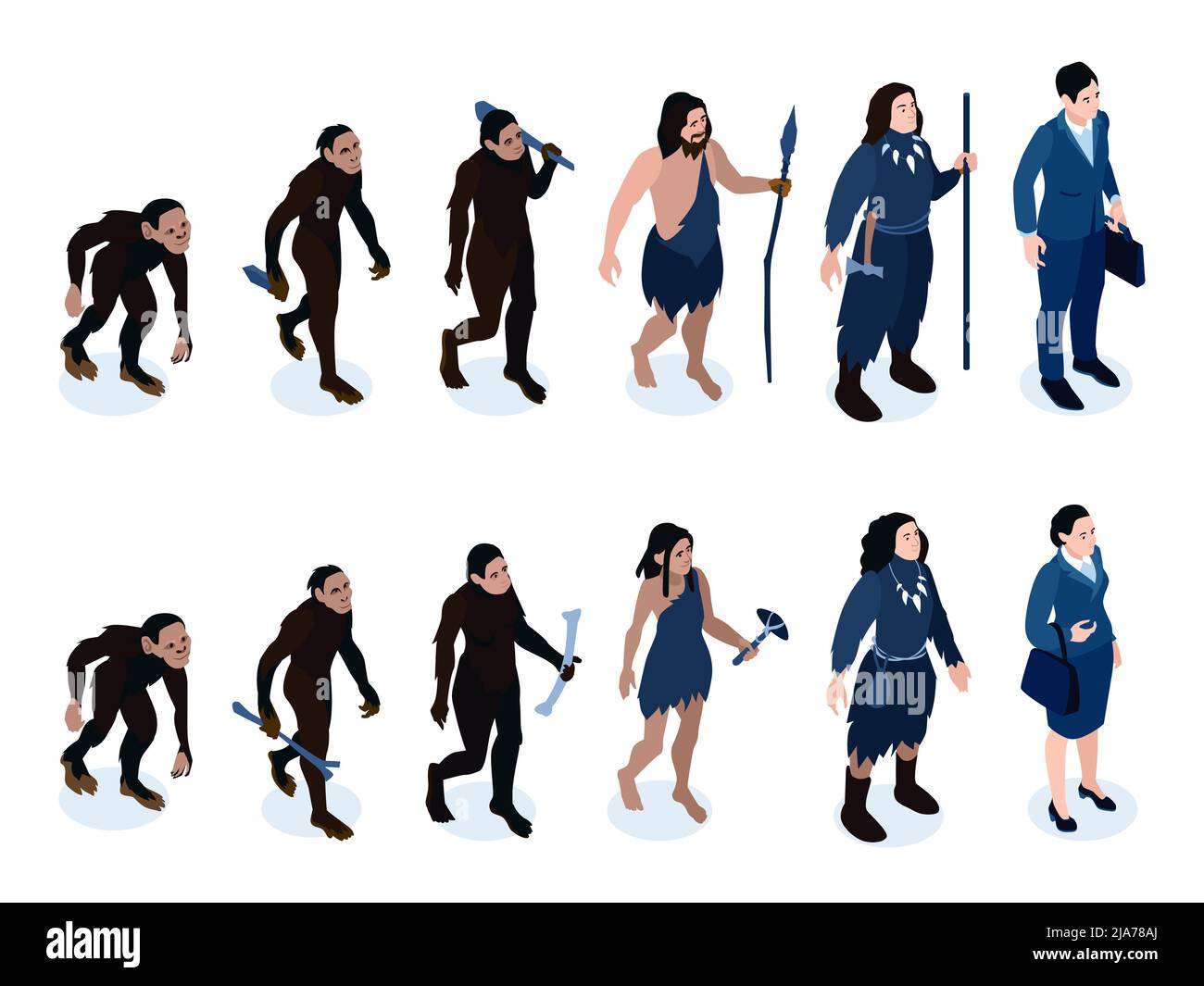 Isometric human evolution color set with characters of neanderthal men ...