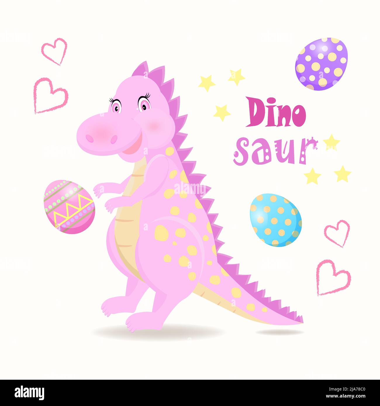 Dino Princess. Cute Dino pink cartoon dino. Vector hand drawn ...