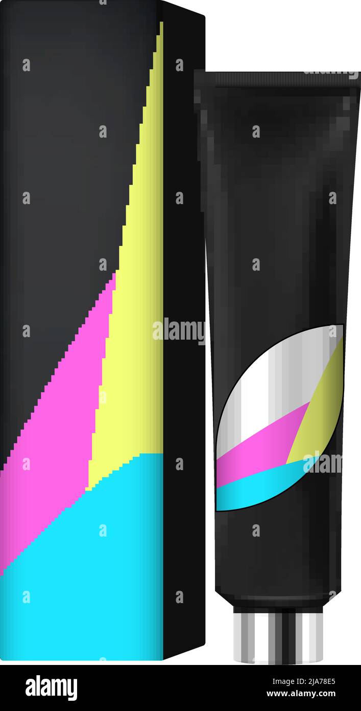 Hair coloring realistic set with colorful package and tube of hair dye ...