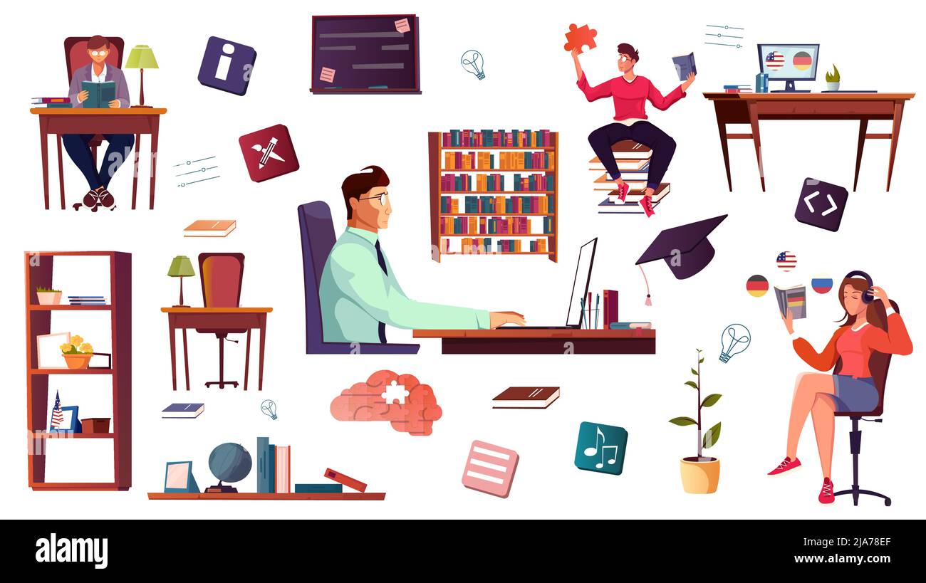 Self education set of flat isolated icons human characters and images ...