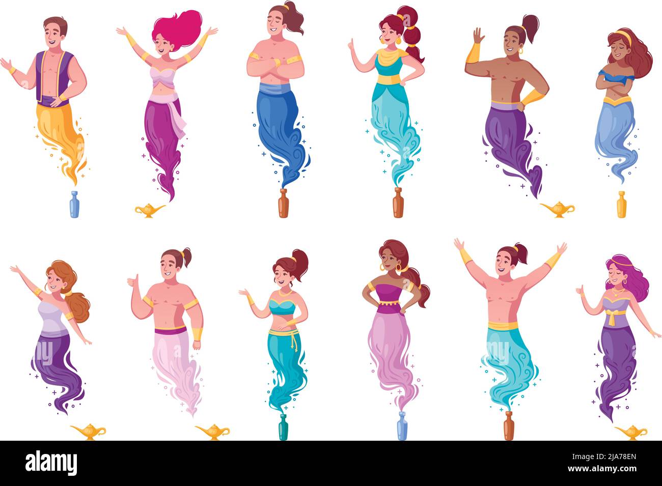 Genie characters icons set with helper symbols cartoon isolated vector ...