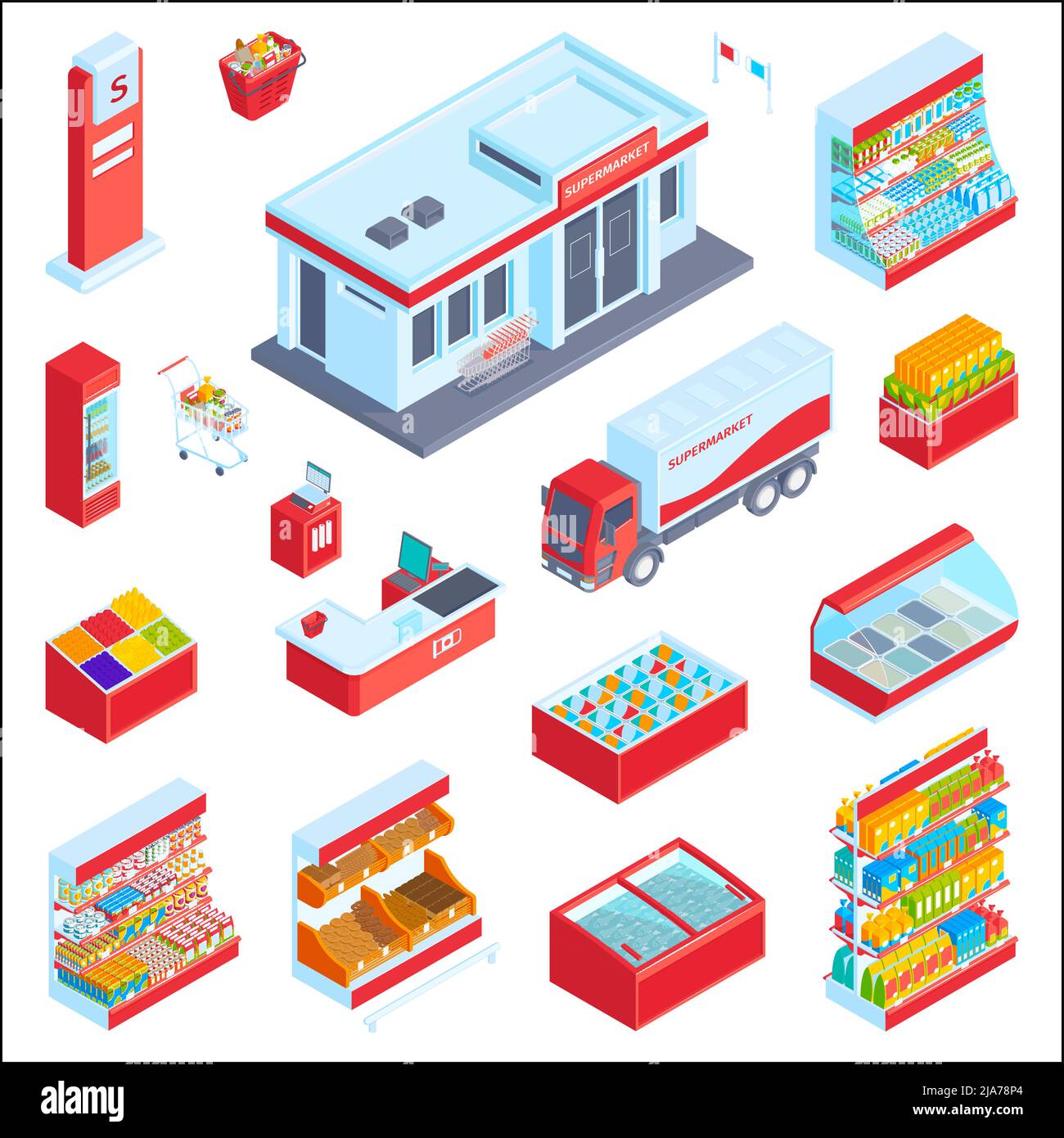 Isometric supermarket set with isolated display icons shelves with food ...