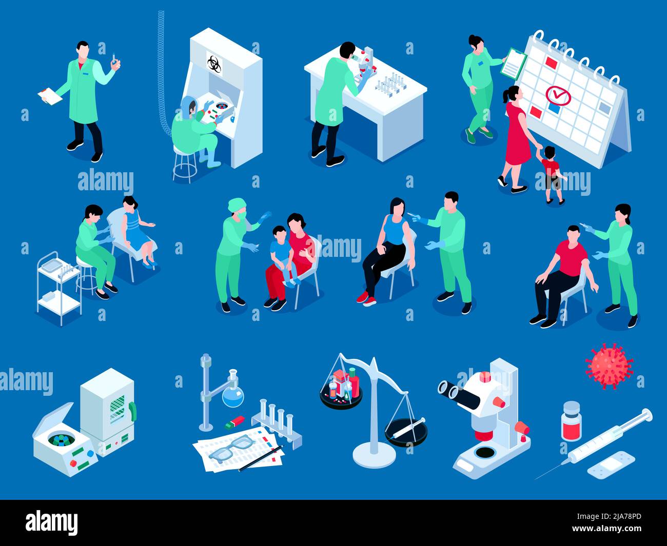 Vaccination isometric color set of scientists engaged in experiments in ...