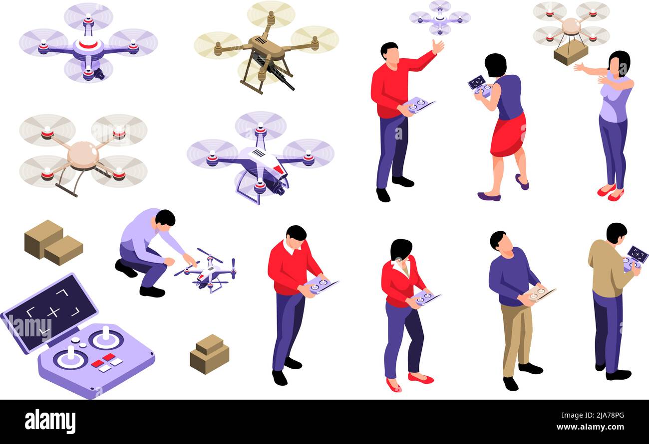 Isometric drone operator set of isolated human characters with remote ...