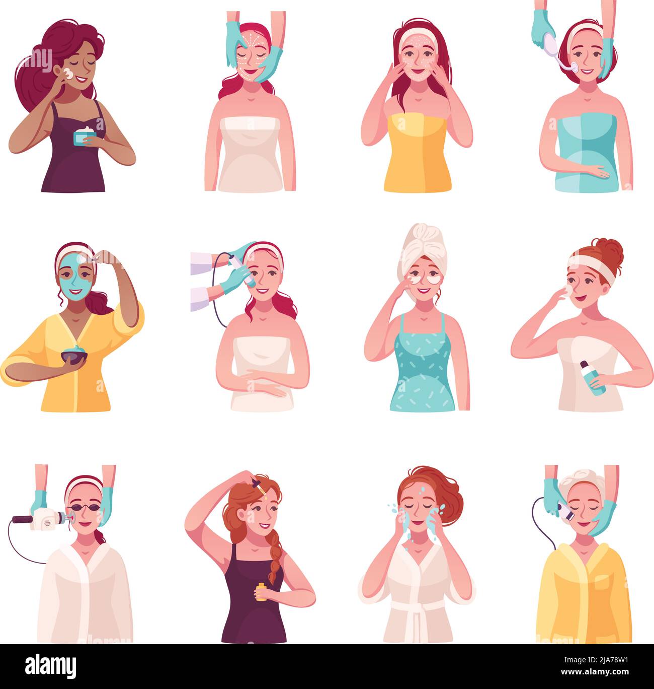 Skincare cartoon set with 12 women applying mask cream moisturizer ...