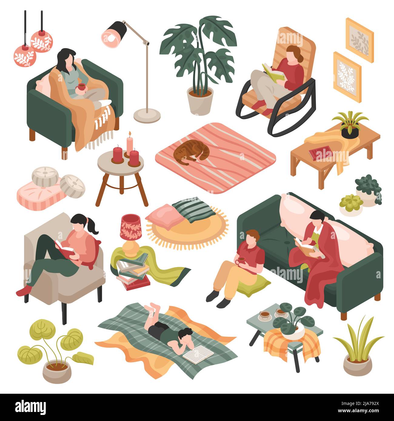Cozy home isometric icons set with furniture decoration and human ...