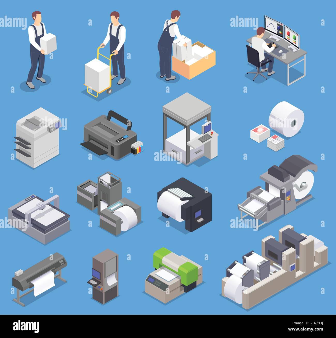Printing house isometric set with isolated icons of printers for various formats paper sheets ...