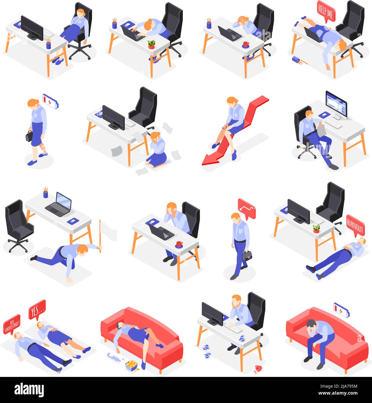 Burn-out syndrome isometric icons set with work symbols isolated vector ...