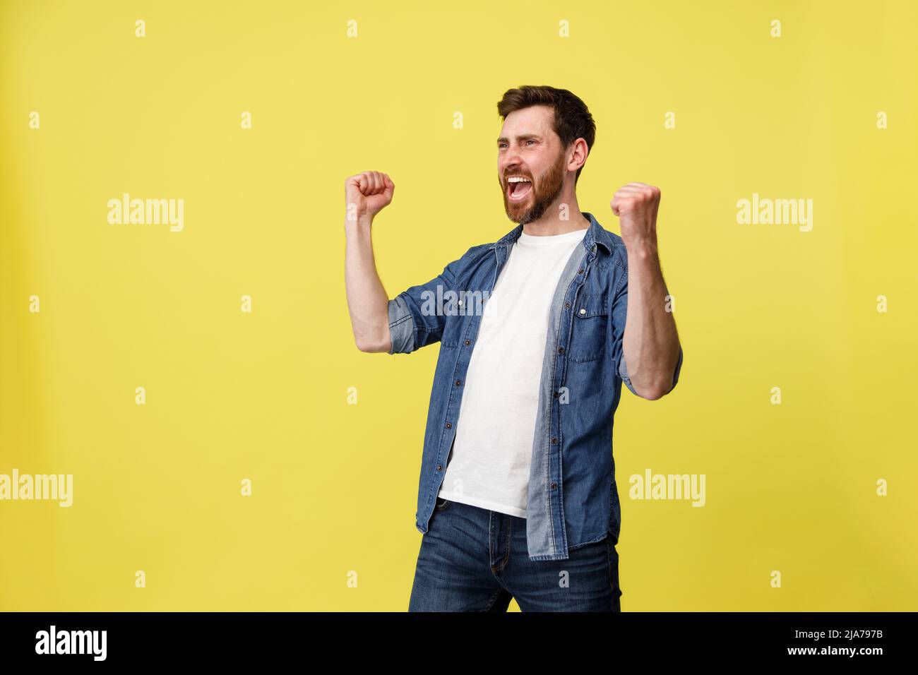 Male football fan screaming and doing winner gesture clenching fists ...