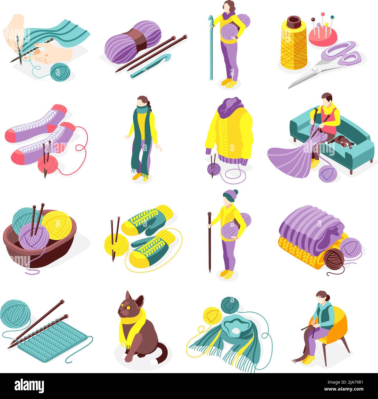 Knitting isometric icons set with sewing symbols isolated vector ...