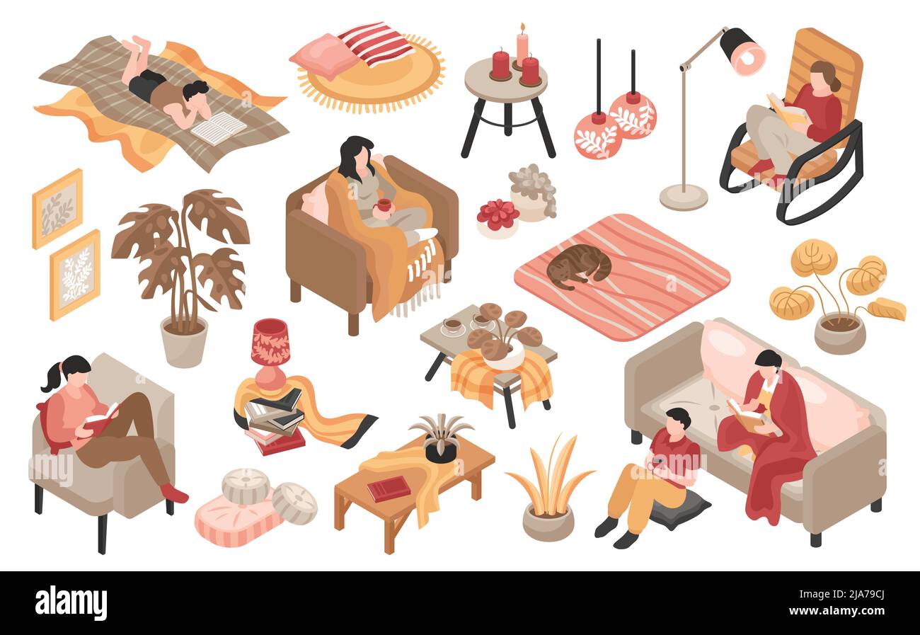 Isometric cozy home icon set rest on the couch with cup of drink or ...