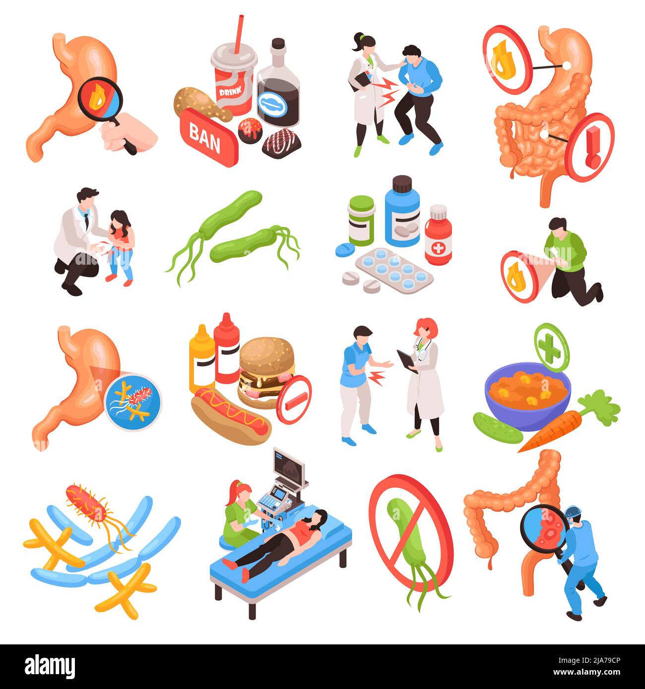 Isometric gastroenterology icons set with gastrointestinal tract organs ...
