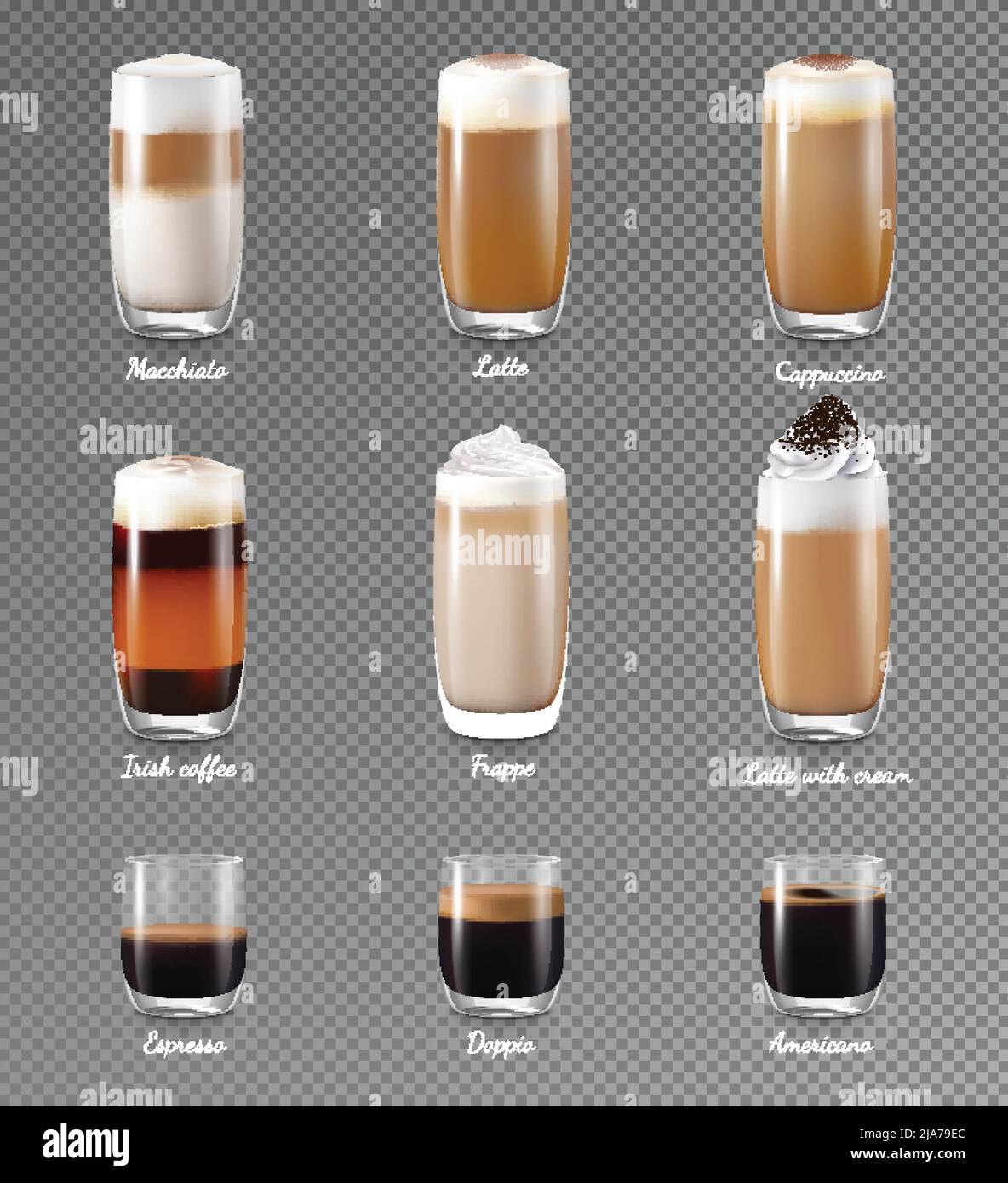 Coffee drinks transparent realistic set with latte and frappe isolated ...
