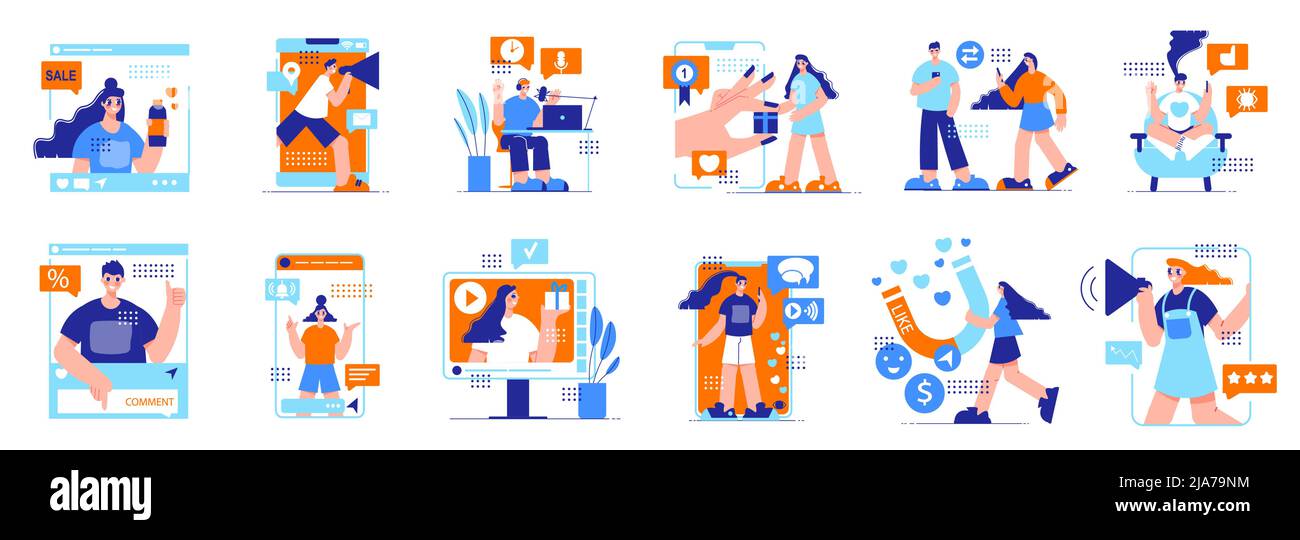 Influencer marketing flat set of bloggers promoting services and goods ...