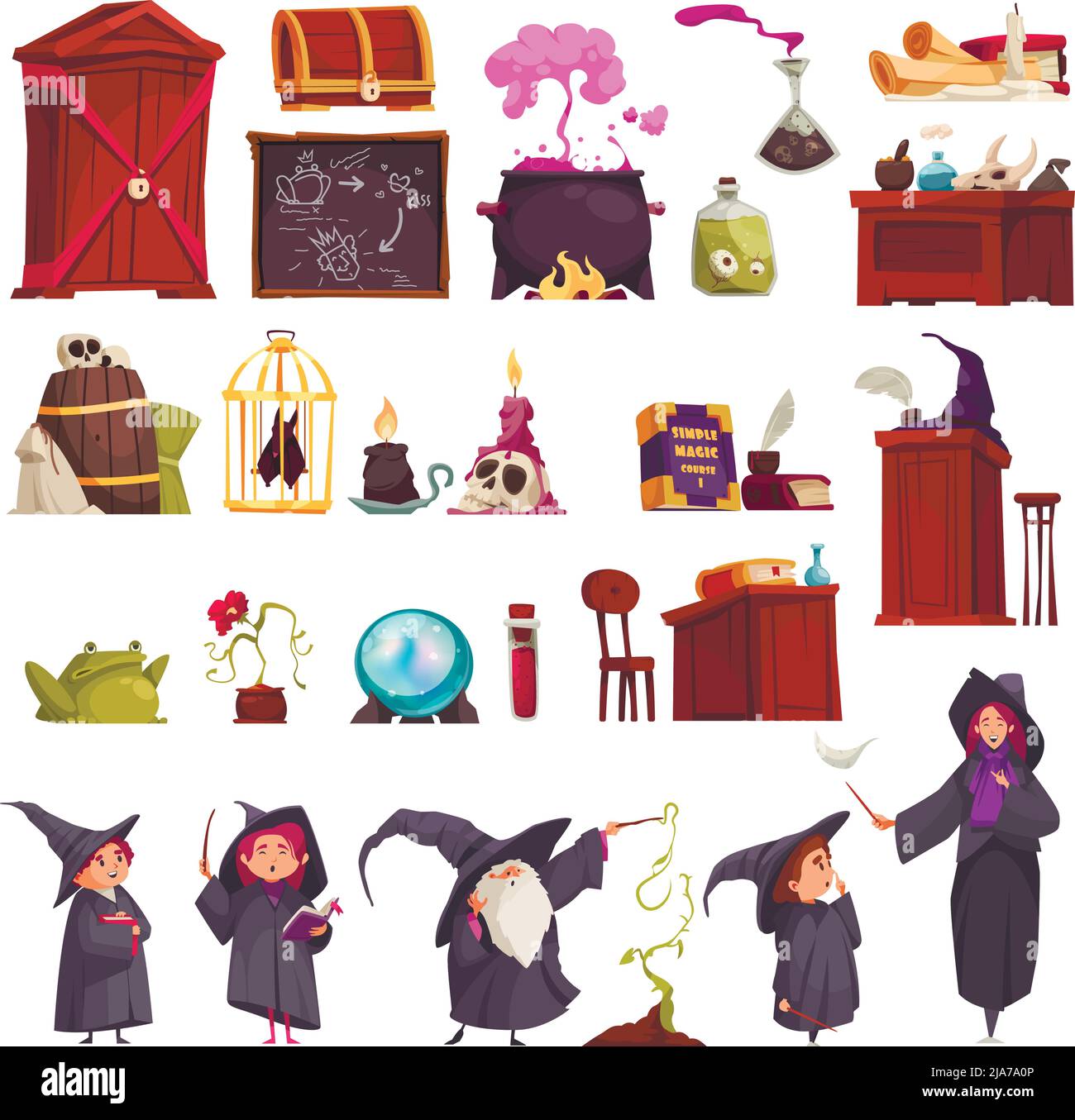 Cartoon icons set with magic school interior elements objects for ...