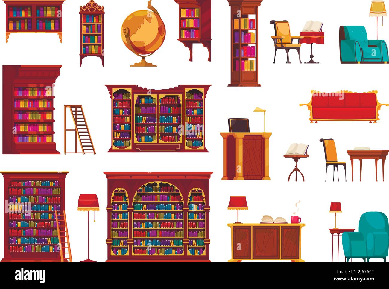 Old library furniture set of isolated icons with pieces of vintage ...
