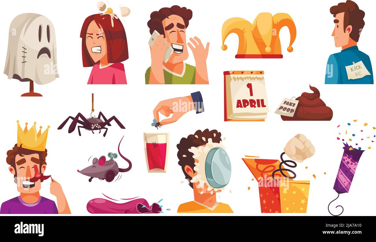All fools day set of isolated icons with jokes vermins prank items with ...