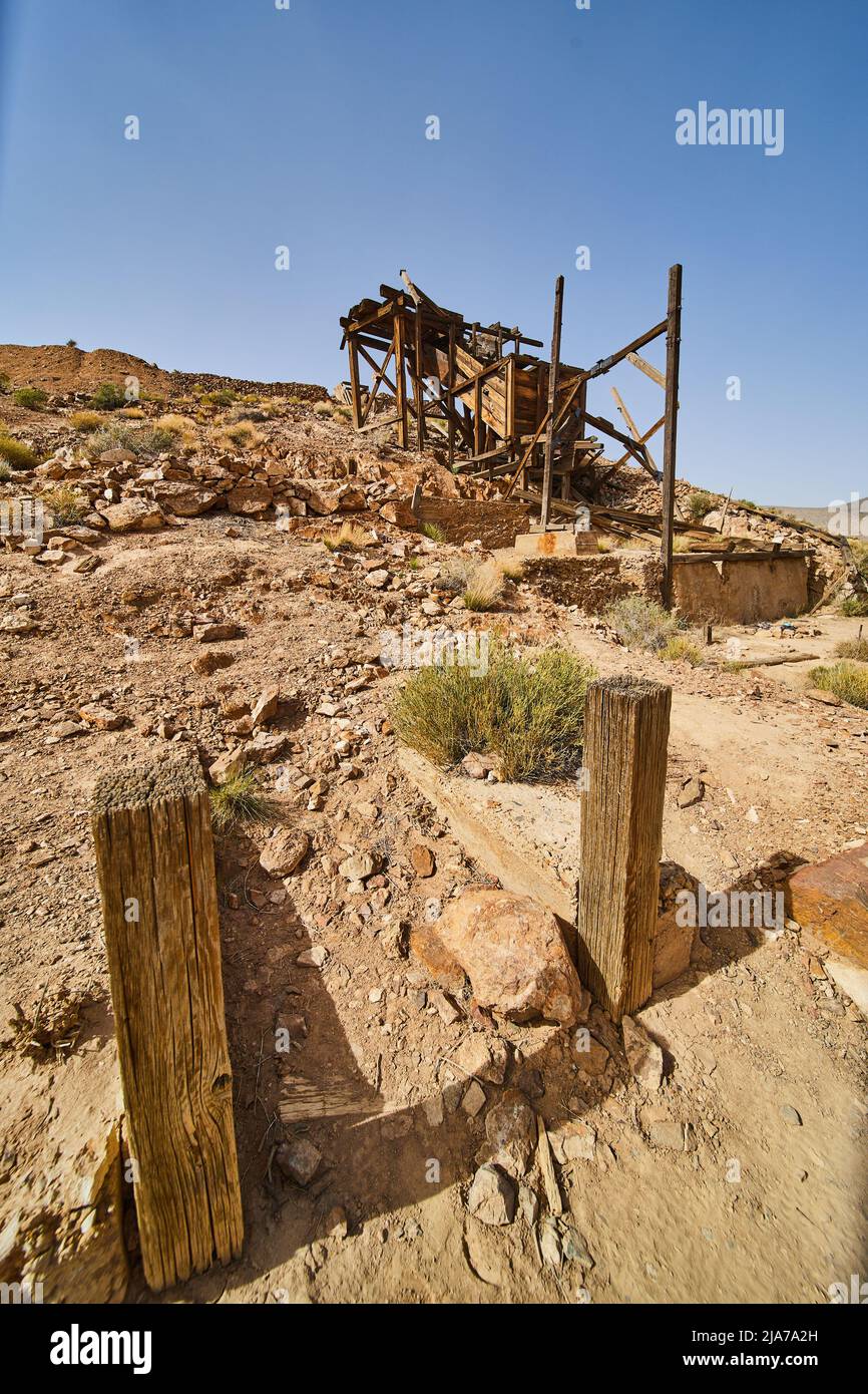 Entrance to old abandoned mining equipment in hillside of Death Valley ...