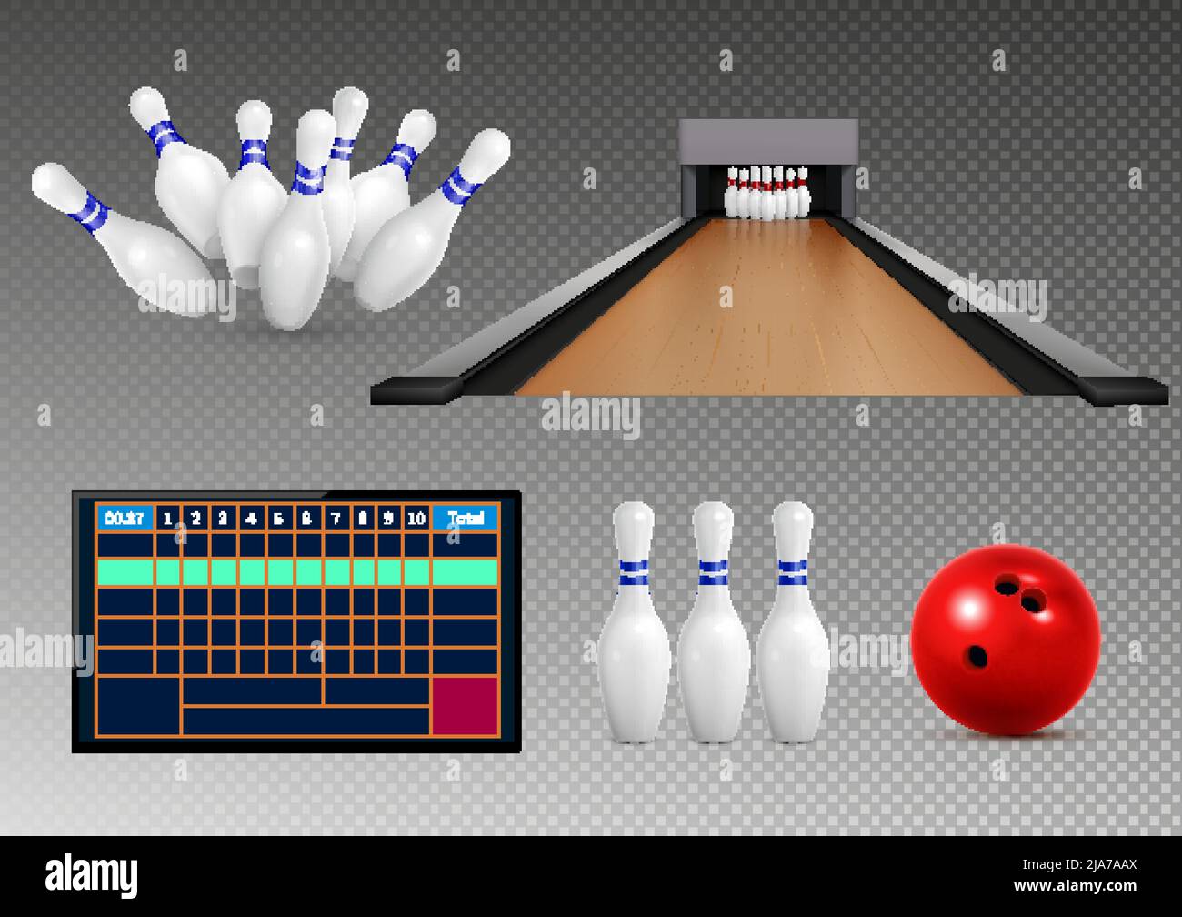 Bowling realistic set of isolated icons on transparent background with ...