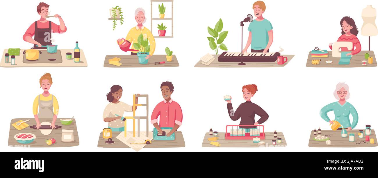 Practicing hobby people 8 cartoon compositions with cooking baking ...