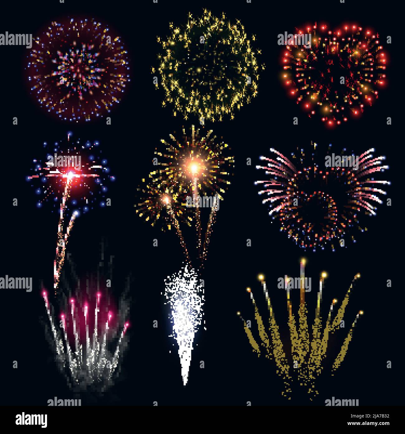 Pyrotechnics and fireworks set with show symbols on black background ...