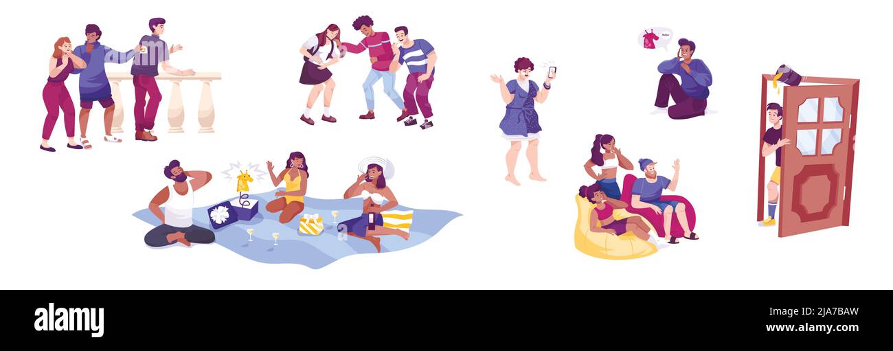 All fools set with flat icons and doodle style characters of laughing ...