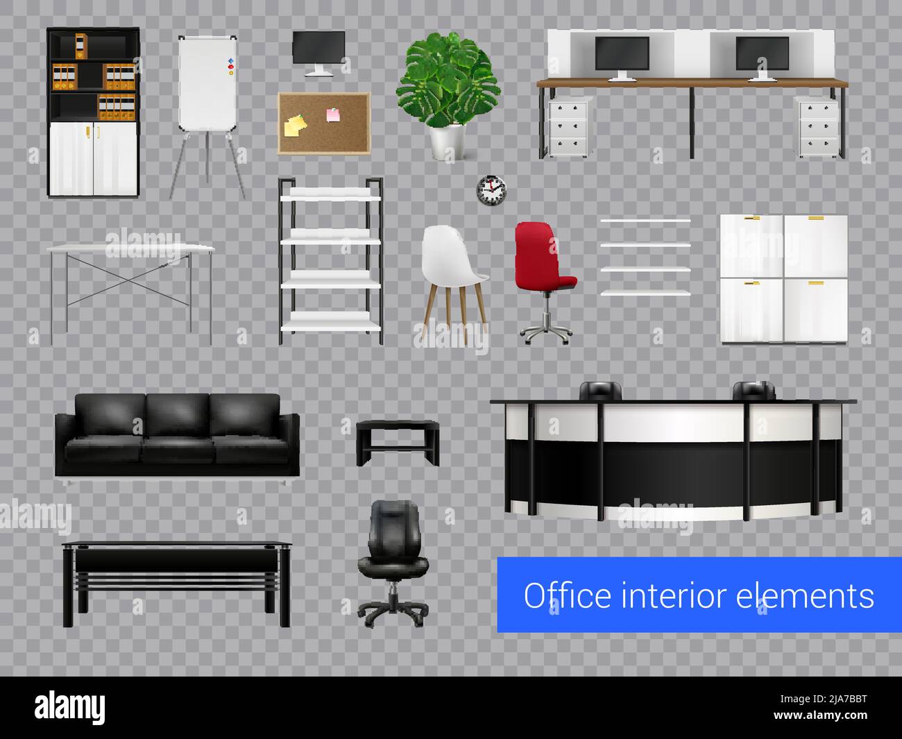 Office interior elements realistic set of furniture items on ...