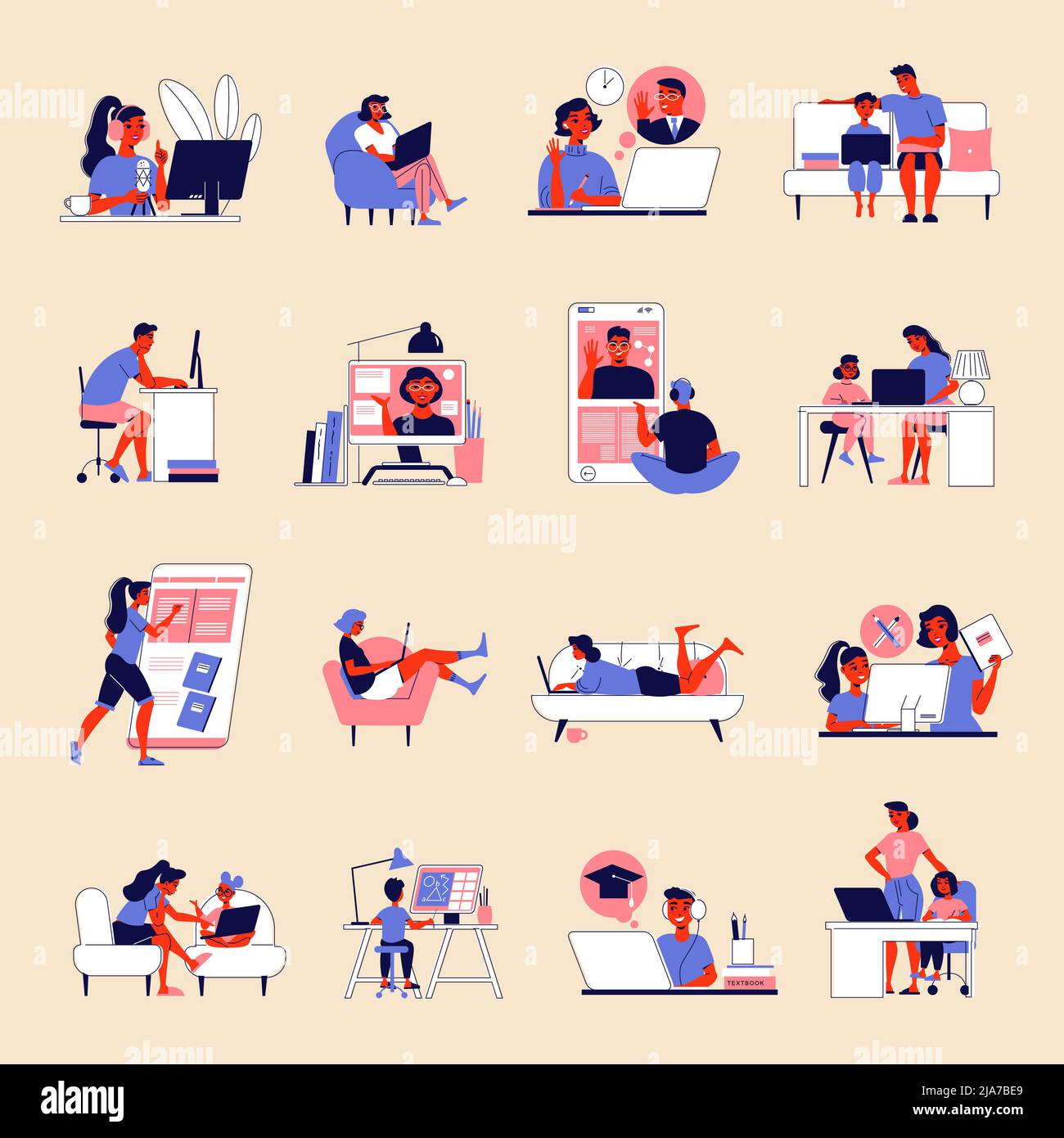 Distance learning composition with isolated icons human characters of ...