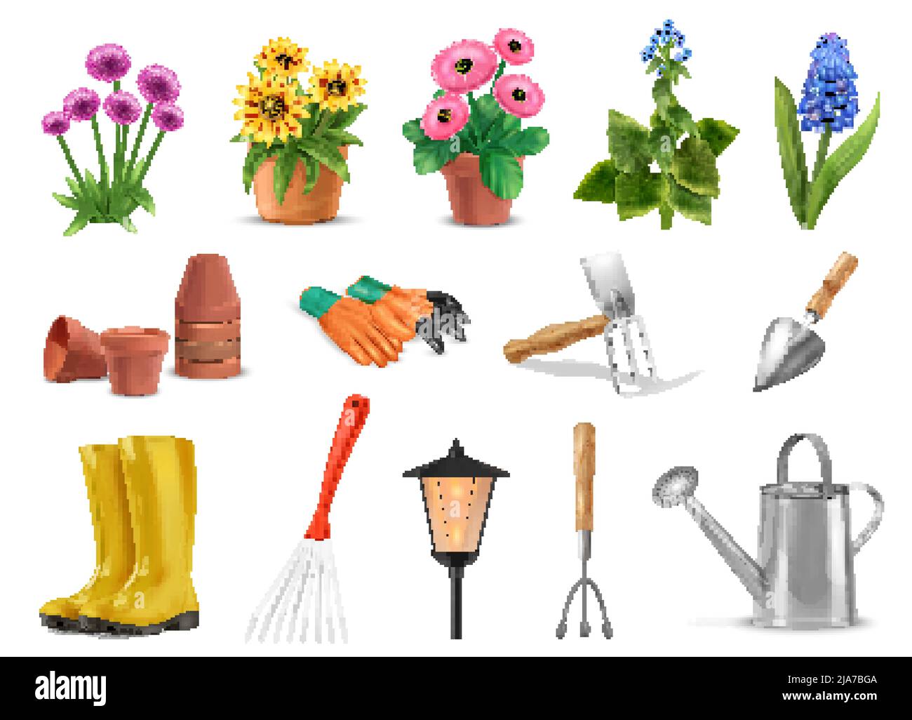 Realistic garden flowers plants and tools set with isolated icons ...