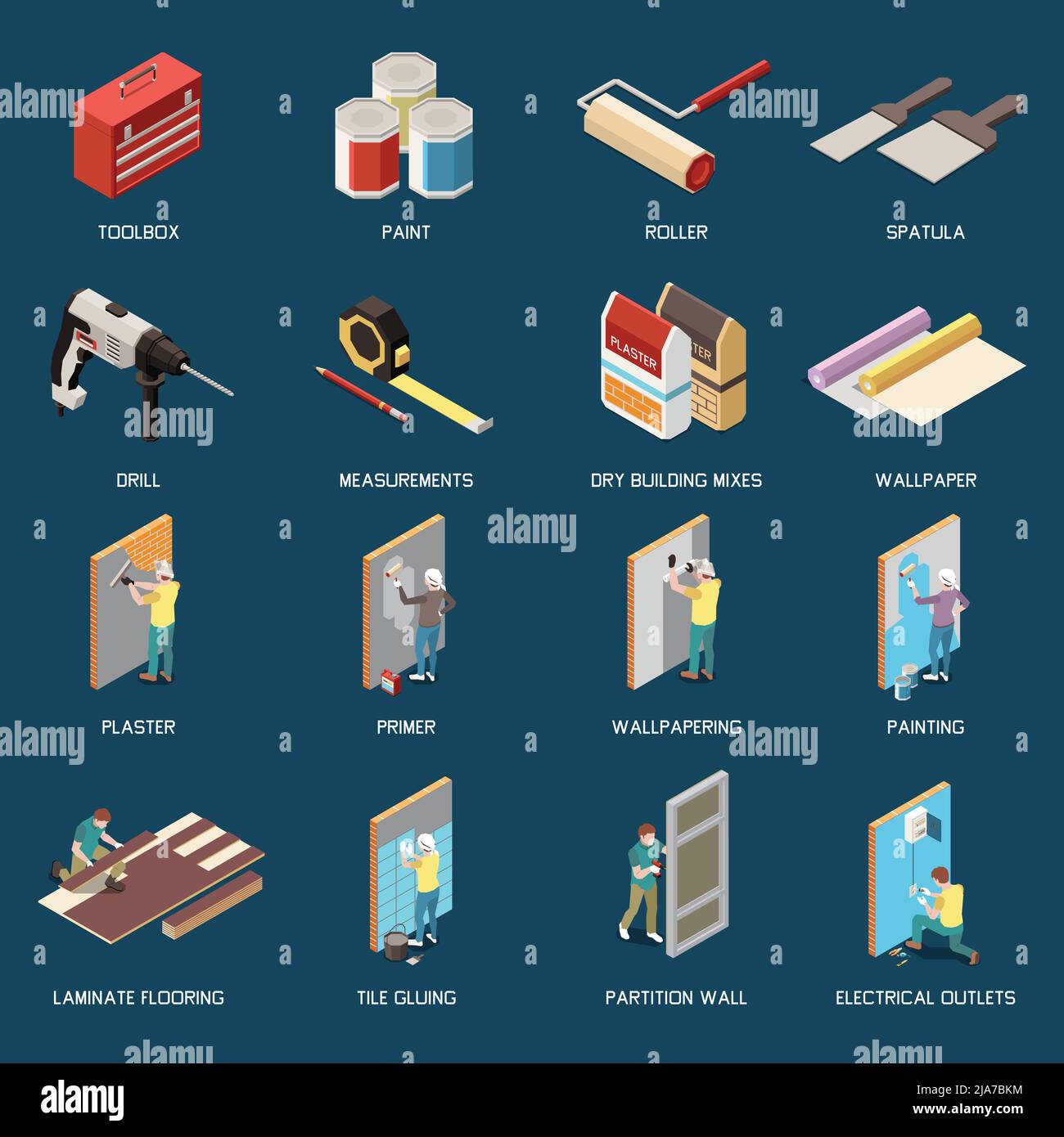 DIY isometric icons set with tools for renovation and characters doing ...