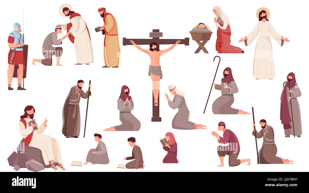 Easter flat icons set with crucifixion resurrection and birth of jesus christ and praying people ...