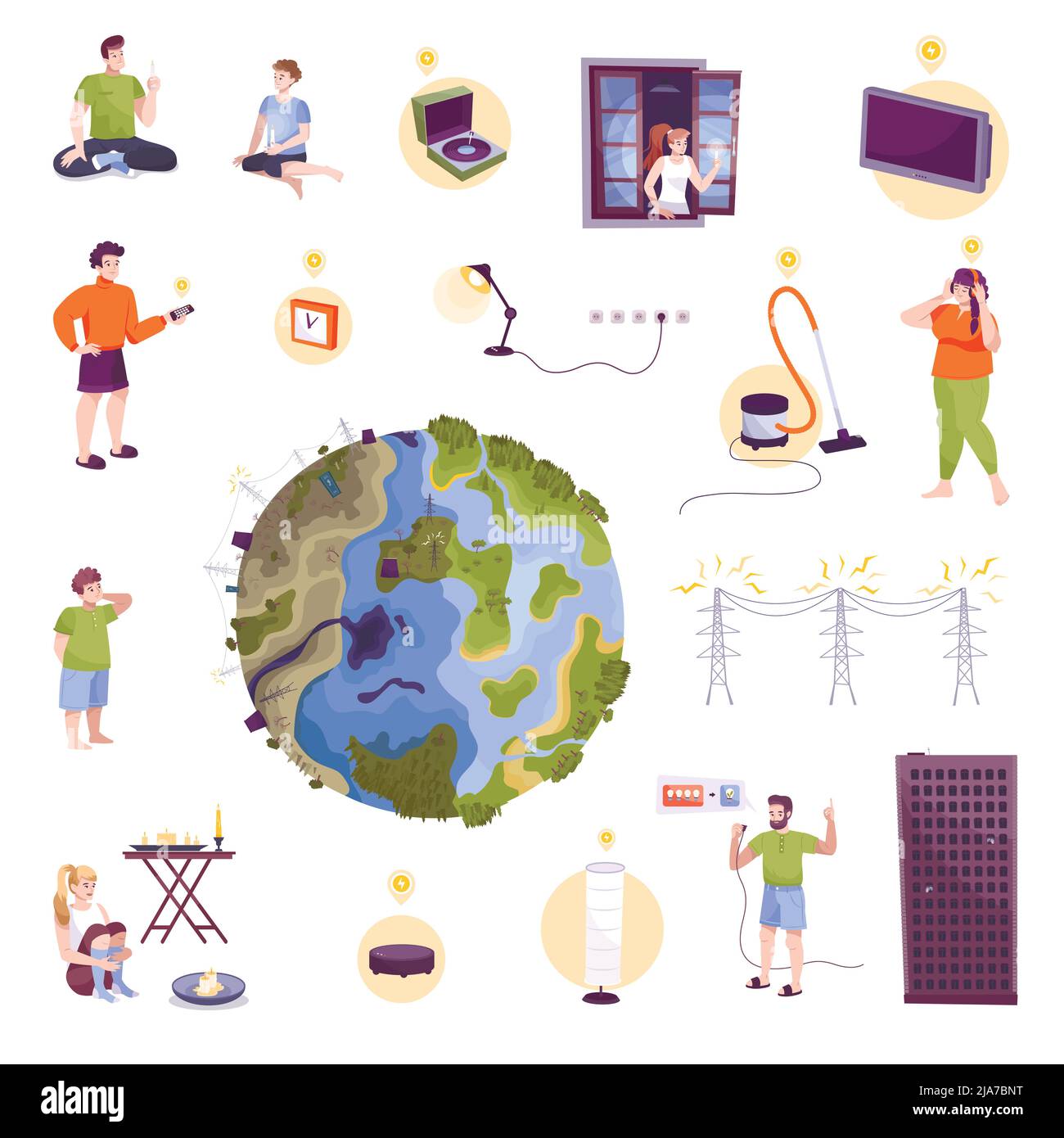 Flat isolated electricity icon set different things equipment and ...
