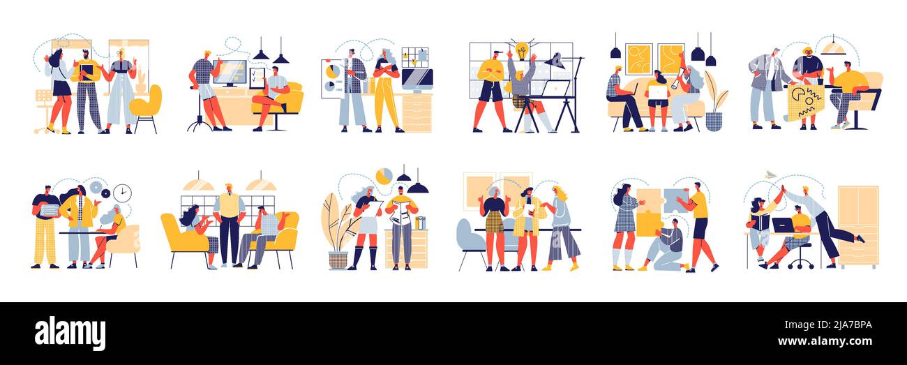 Successful Team Set Of Isolated Icons With Office Interior Elements And