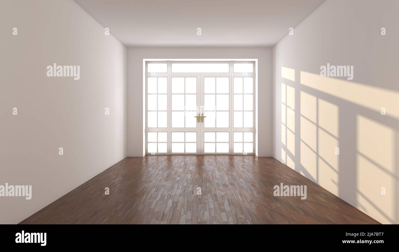 Frontal View of the Empty Sunny Interior Concept. White Room with Large ...