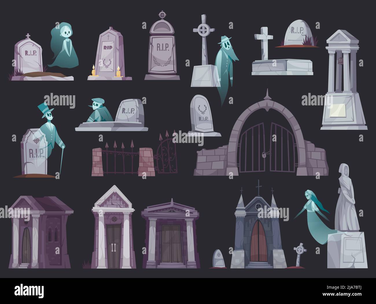 Cartoon icons set with old cemetery fence chapel tombstone crypt cross ...